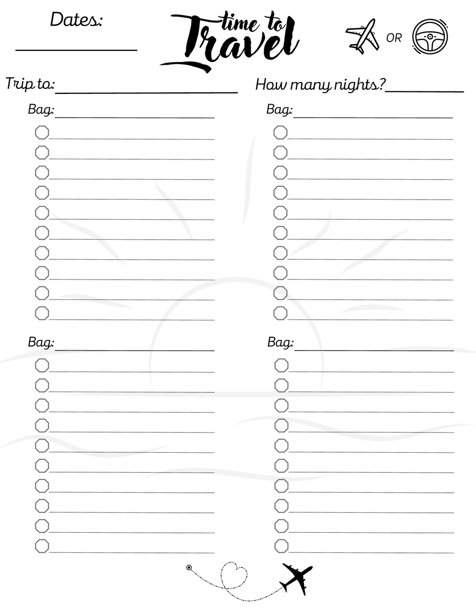Printable Packing/Travel list with Sun & 4 bag lists - Digital downloa ...