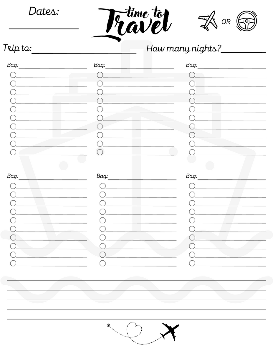 Printable Packing/Travel list with Cruise Ship & 6 bag lists - Digital ...
