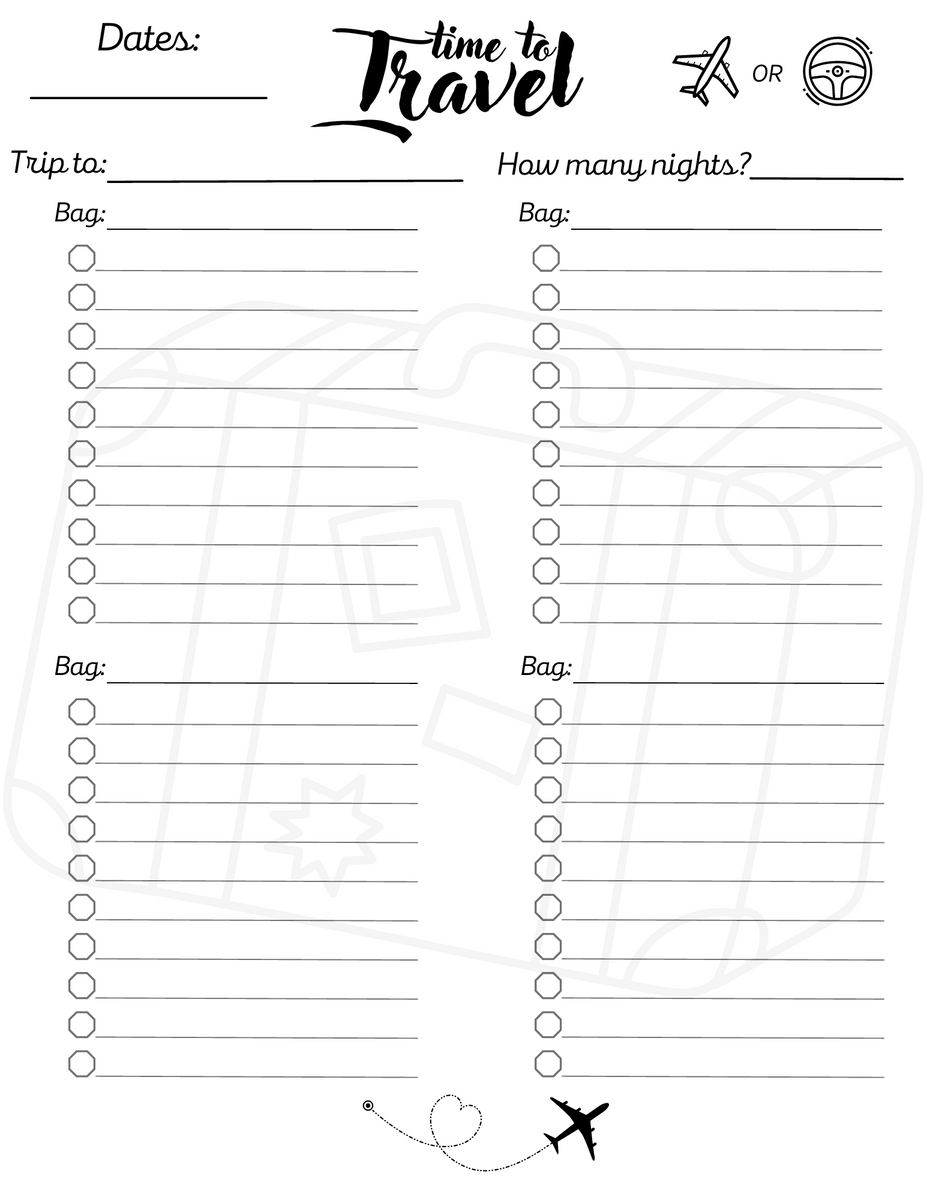 Printable Packing/Travel list with Suitcase & 4 bag lists - Digital do ...